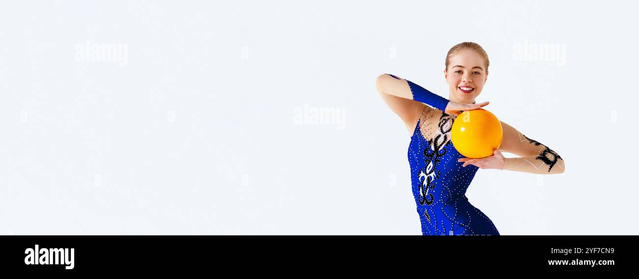 Olympic Games training. Smiling gymnast with ball getting ready for ...