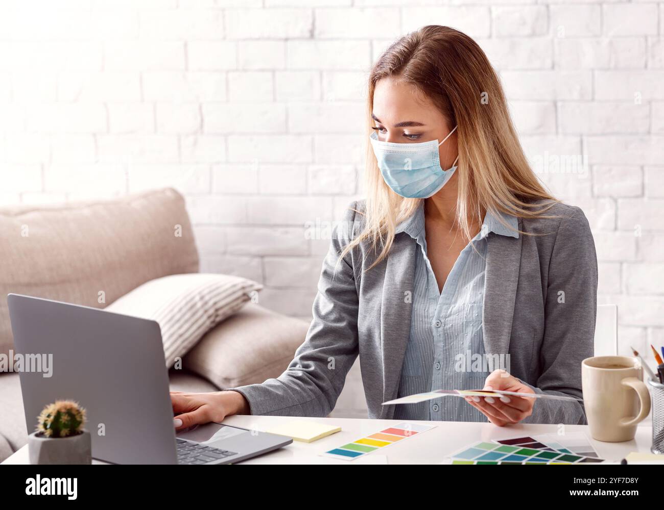 Girl in protective mask and color swatch Stock Photo - Alamy