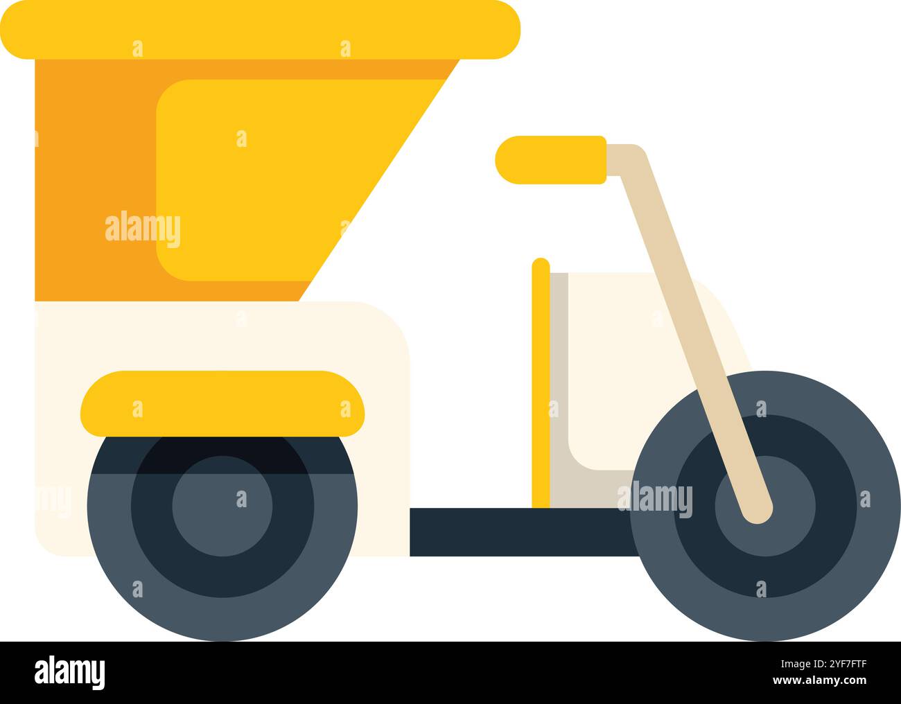 Simple flat vector icon of a yellow motorized cargo tricycle carrying a ...