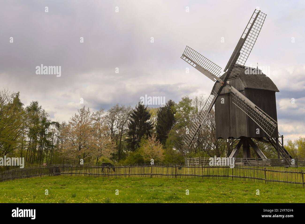 A traditional wooden windmill in Hessen, Germany, standing in a green ...