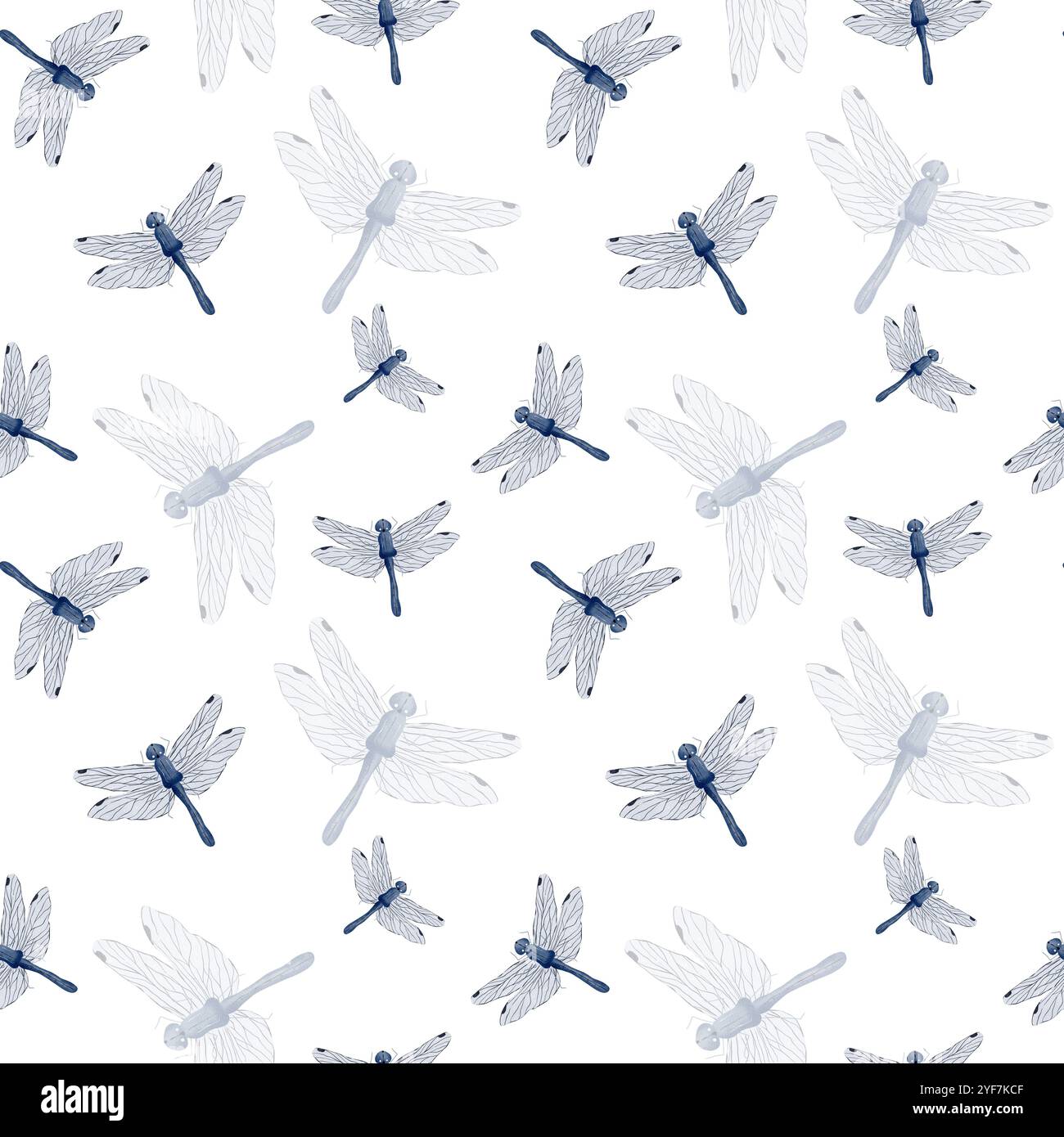Blue dragonfly, butterfly. Watercolor seamless pattern, hand drawn ...