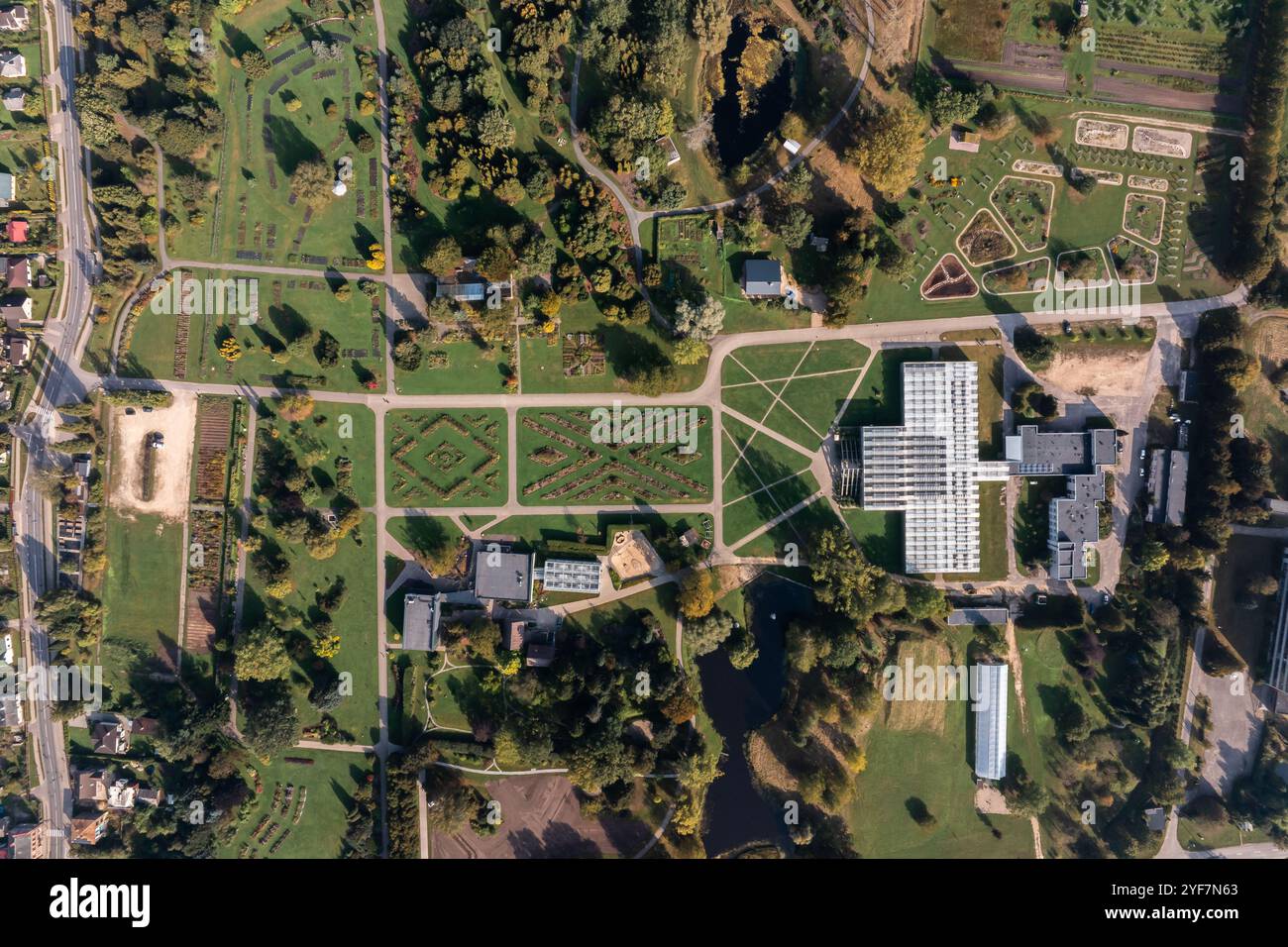 An aerial view captures a botanical garden's geometric landscape ...