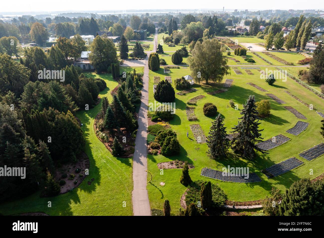 An aerial view of a botanical garden featuring winding paths, diverse ...