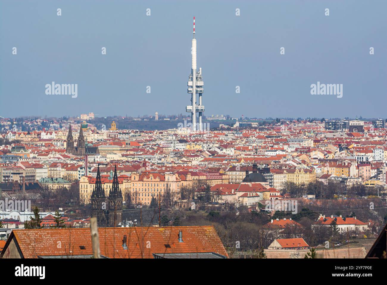 Panorama of Prague with dominant tower of Zizkov, the view of Divci ...