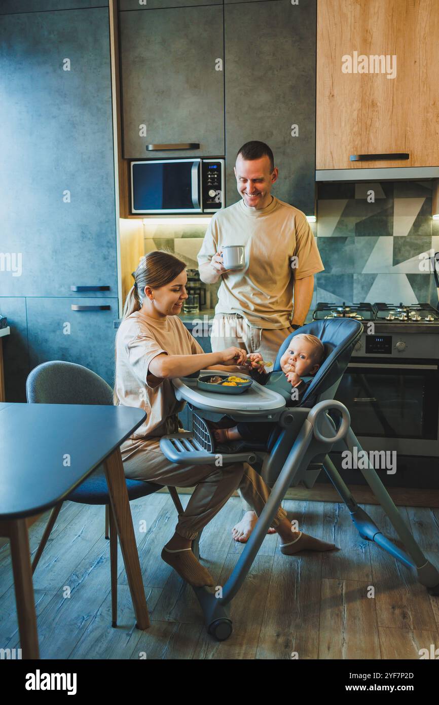 The first complementary food for a baby. A mother feeds puree to her 6 ...