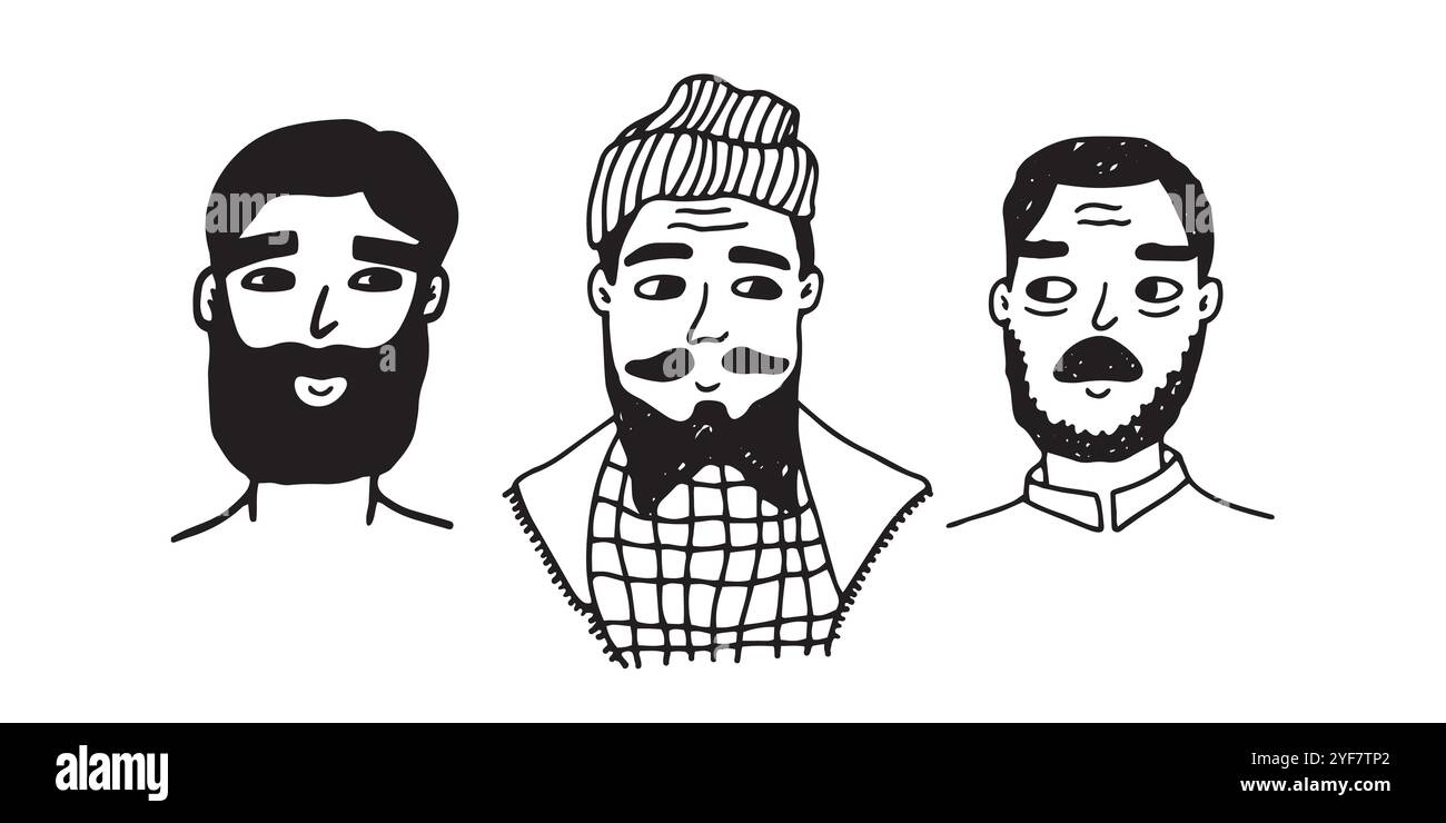 Trendy line black white men faces or heads drawings. Vector set of ...