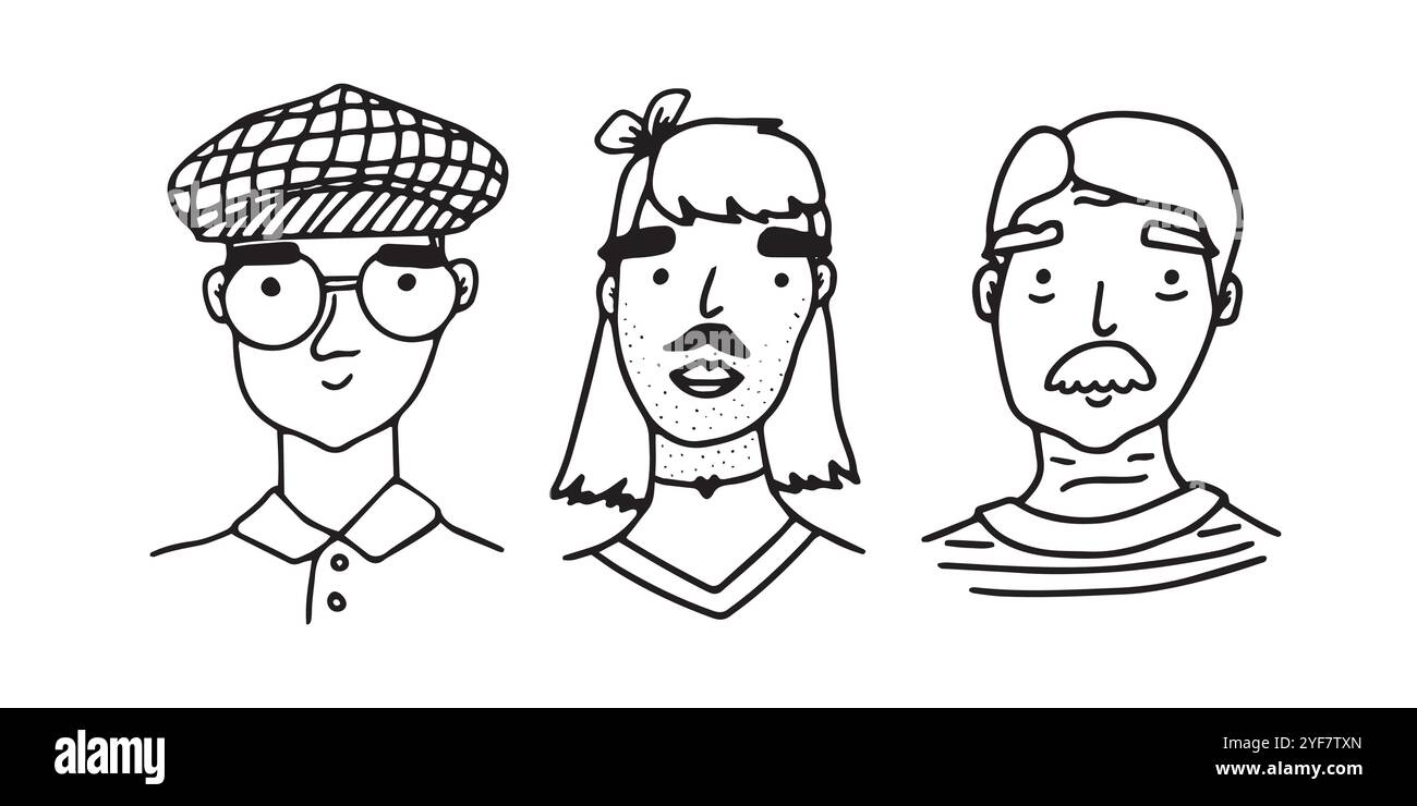 Line black cartoon white faces or men heads with mustache portrait ...