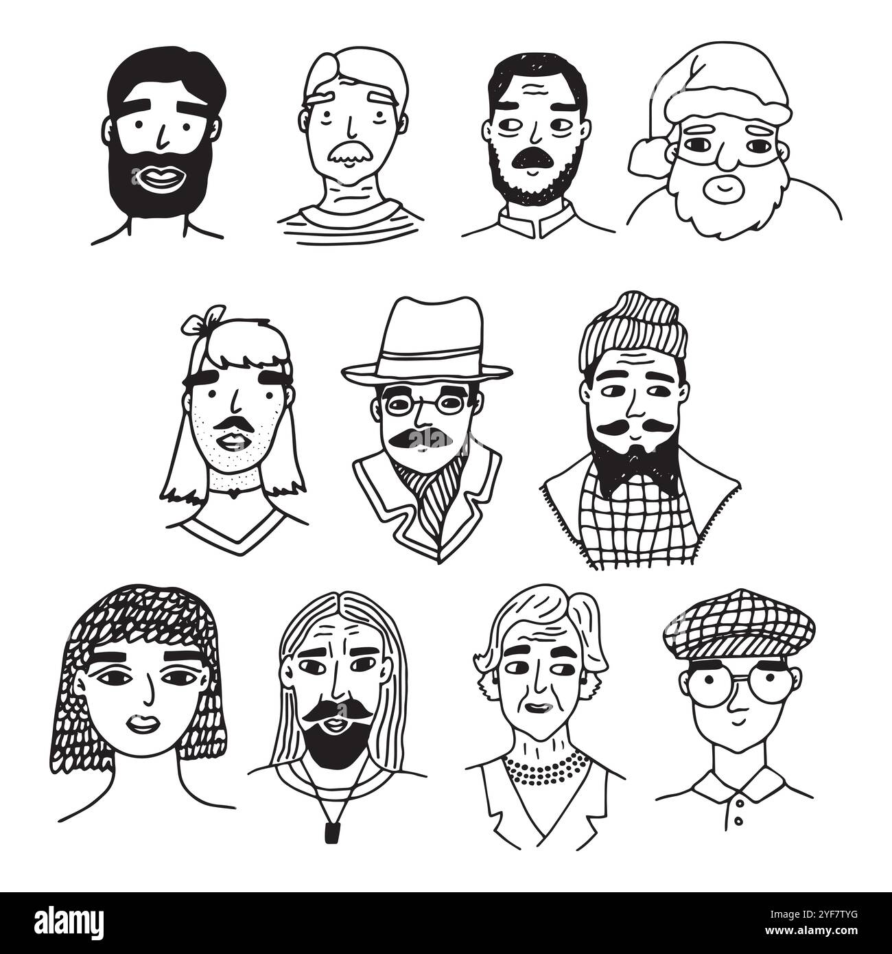 Line black white group of faces or heads portraits drawings. Set of ...