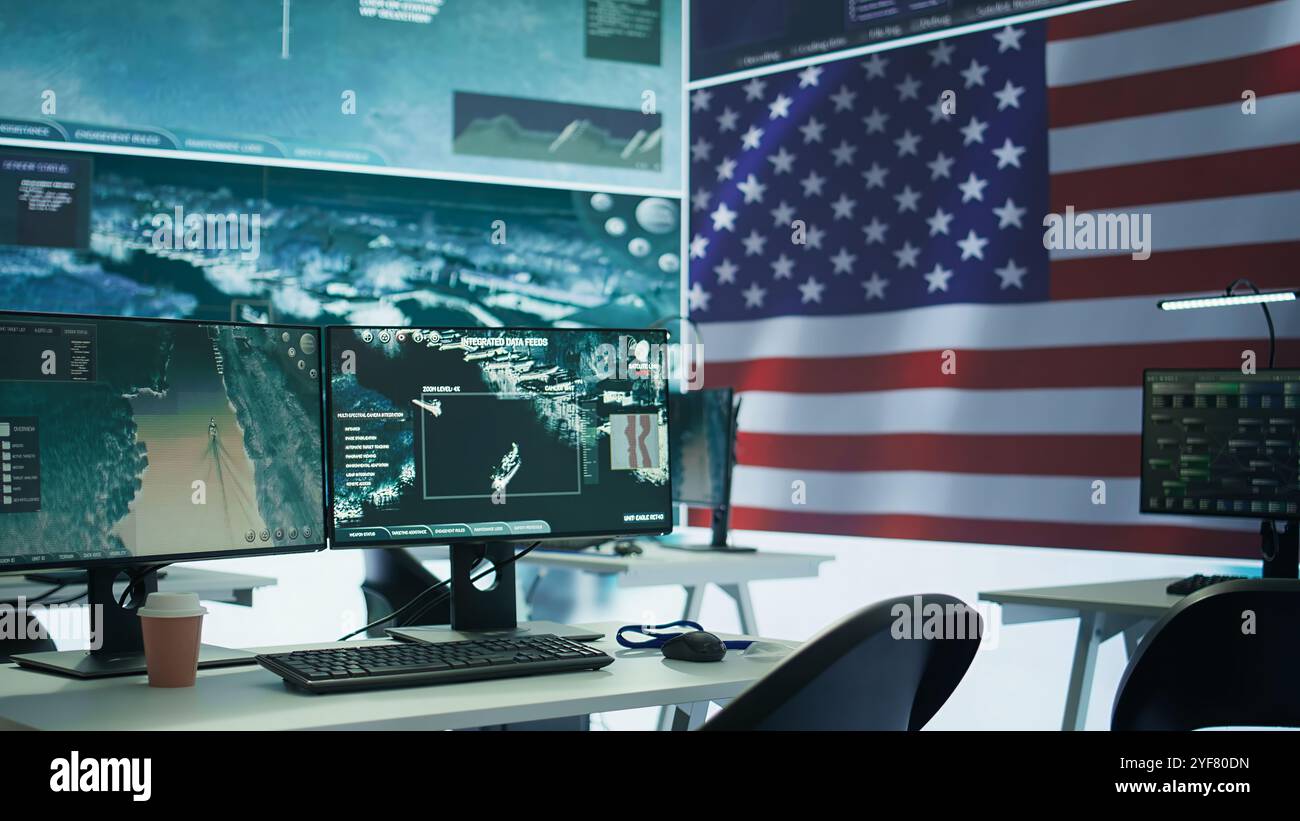 Empty United States military control tower office with the American ...