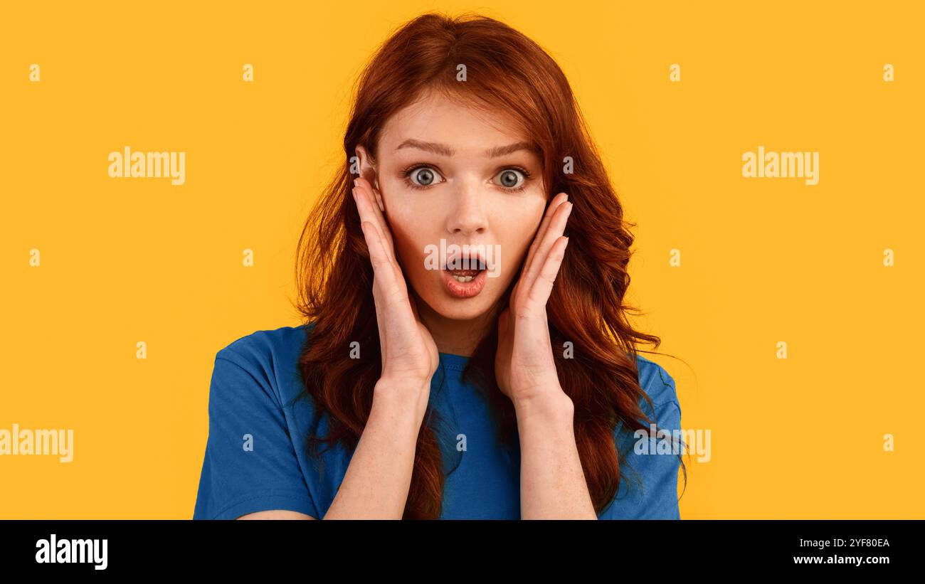 Shocked Teen Girl Touching Face Looking At Camera, Yellow Background ...