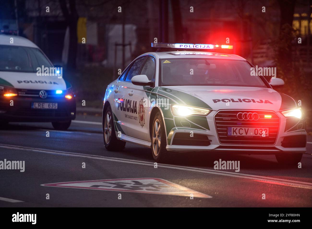 Police cars are seen at the accident scene. A major traffic accident ...