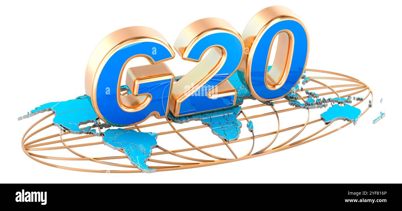 G20 on the Earth map. G20 meeting concept, 3D rendering isolated on ...