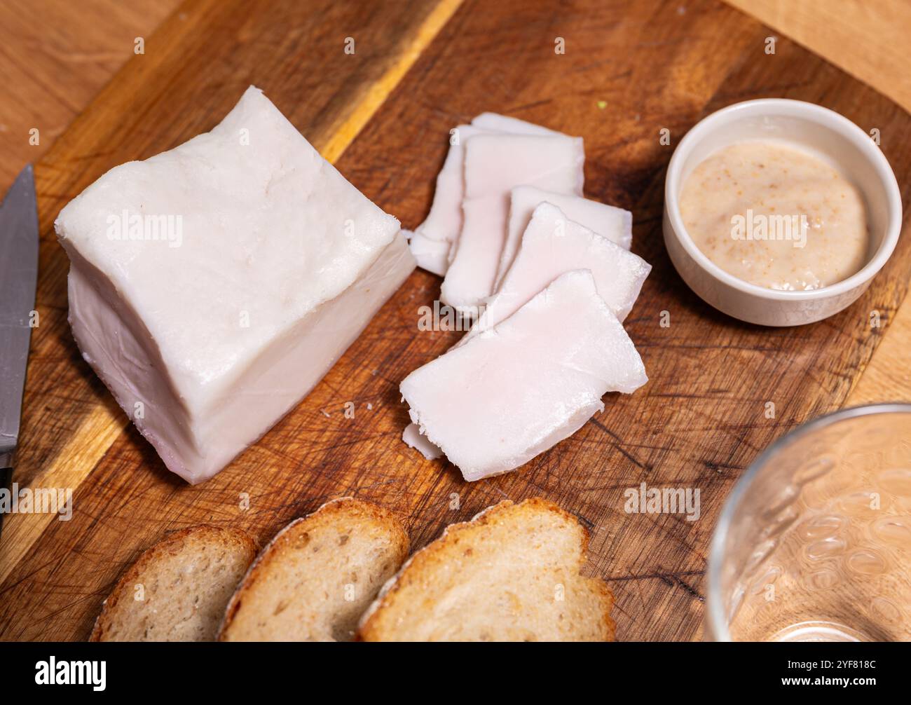 Traditional russian and ukrainian food, salted smoked pork bacon with ...