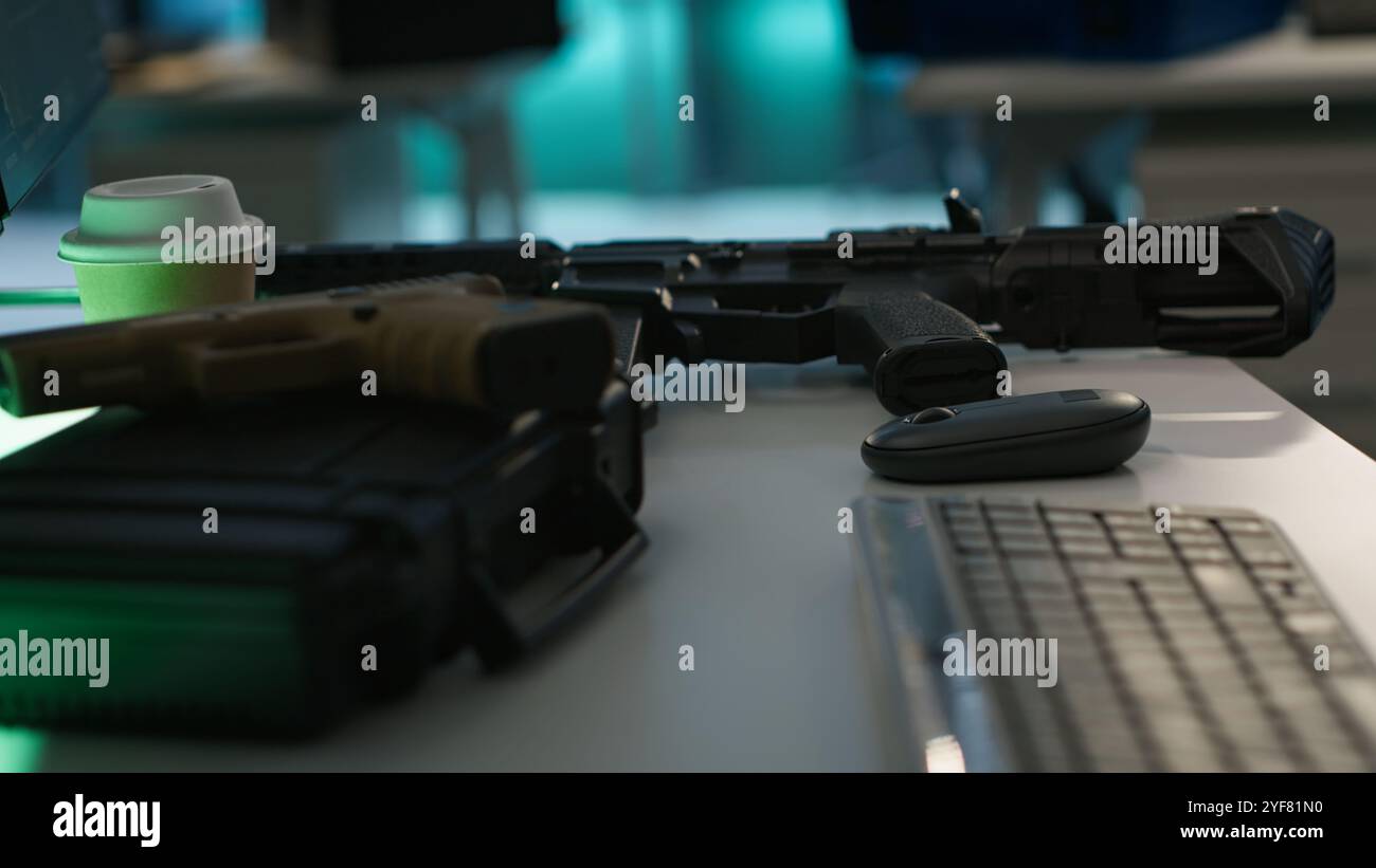 Extreme close up of weapons in empty army command center housing ...
