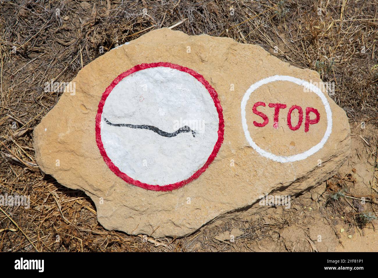 Hand painted danger sign for snakes at the Gobustan State Historical ...