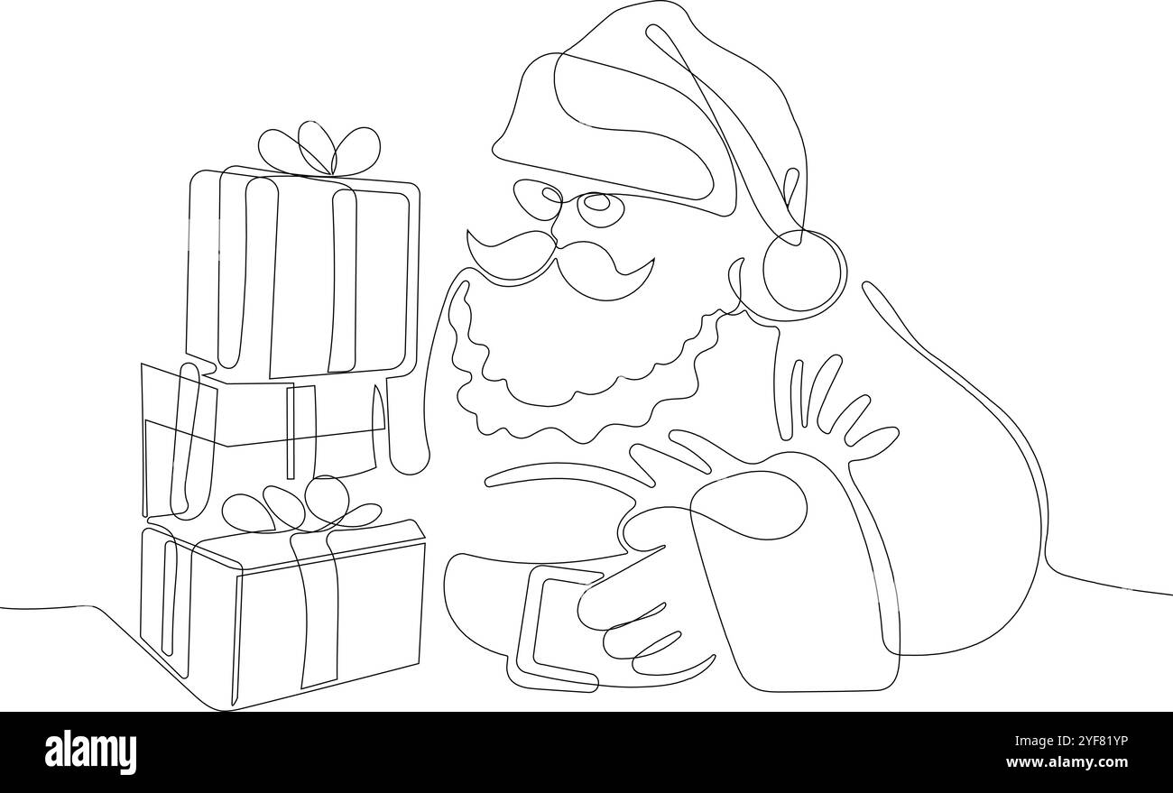 Outlined Cute Santa Claus Cartoon Character With A Sack Full Of Gifts ...