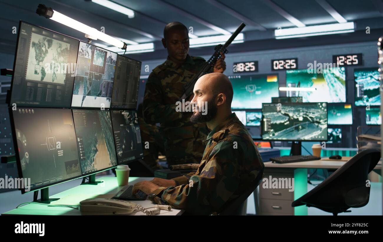 Special forces professional in military HQ base gathering information ...