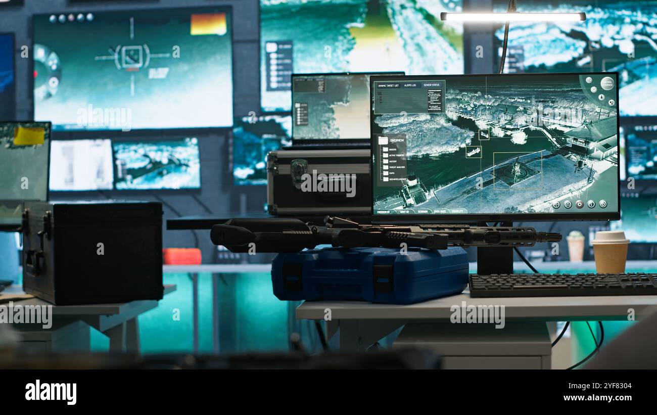 Weapons on table in secure room in army governmental facility operating ...