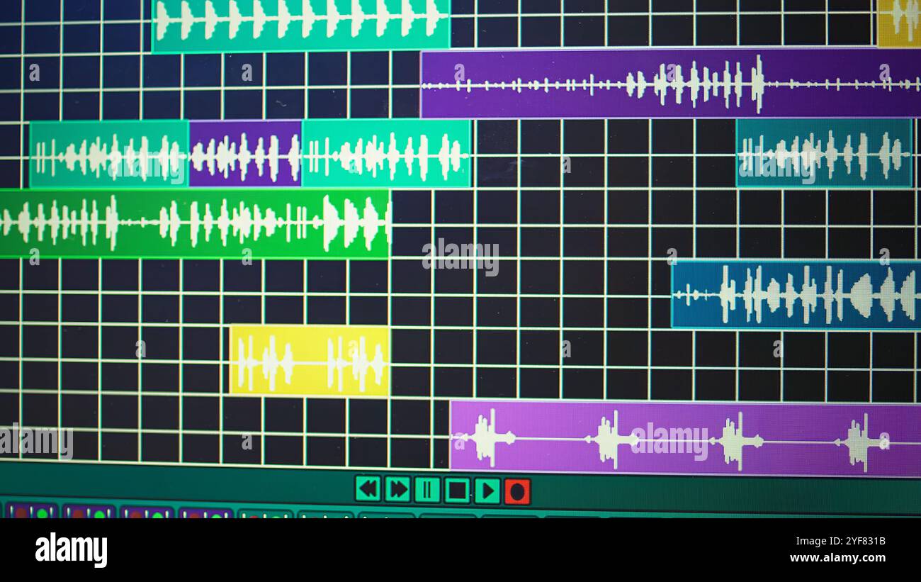 Empty home studio used to create music with electronic console and devices, pre amp knobs and ...