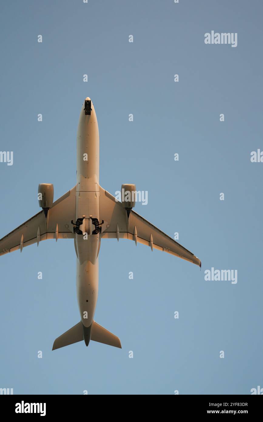 Planform view of passenger jet airplane take off from an airport in the ...