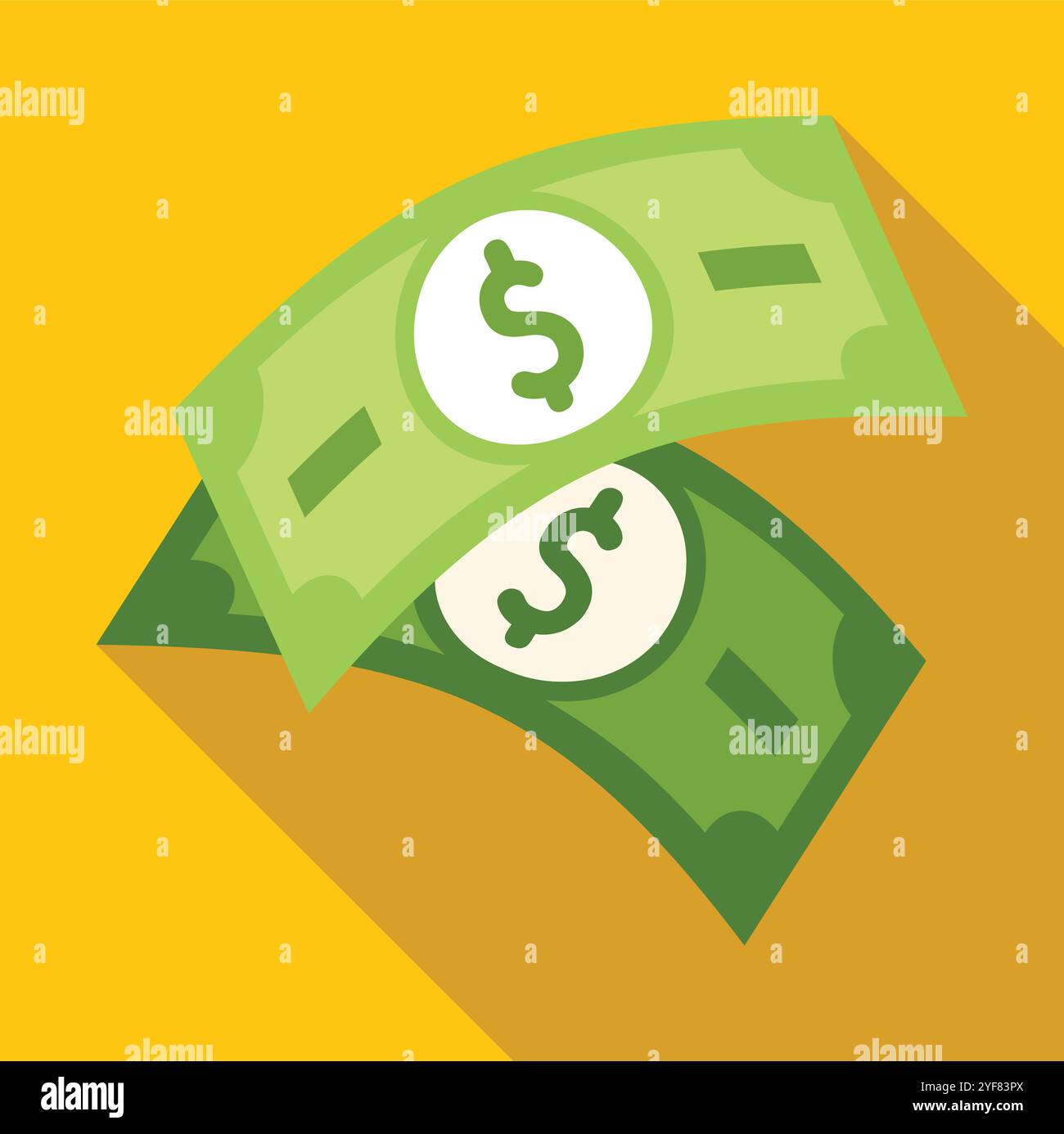 Two dollar bills falling against a vibrant yellow backdrop, symbolizing ...