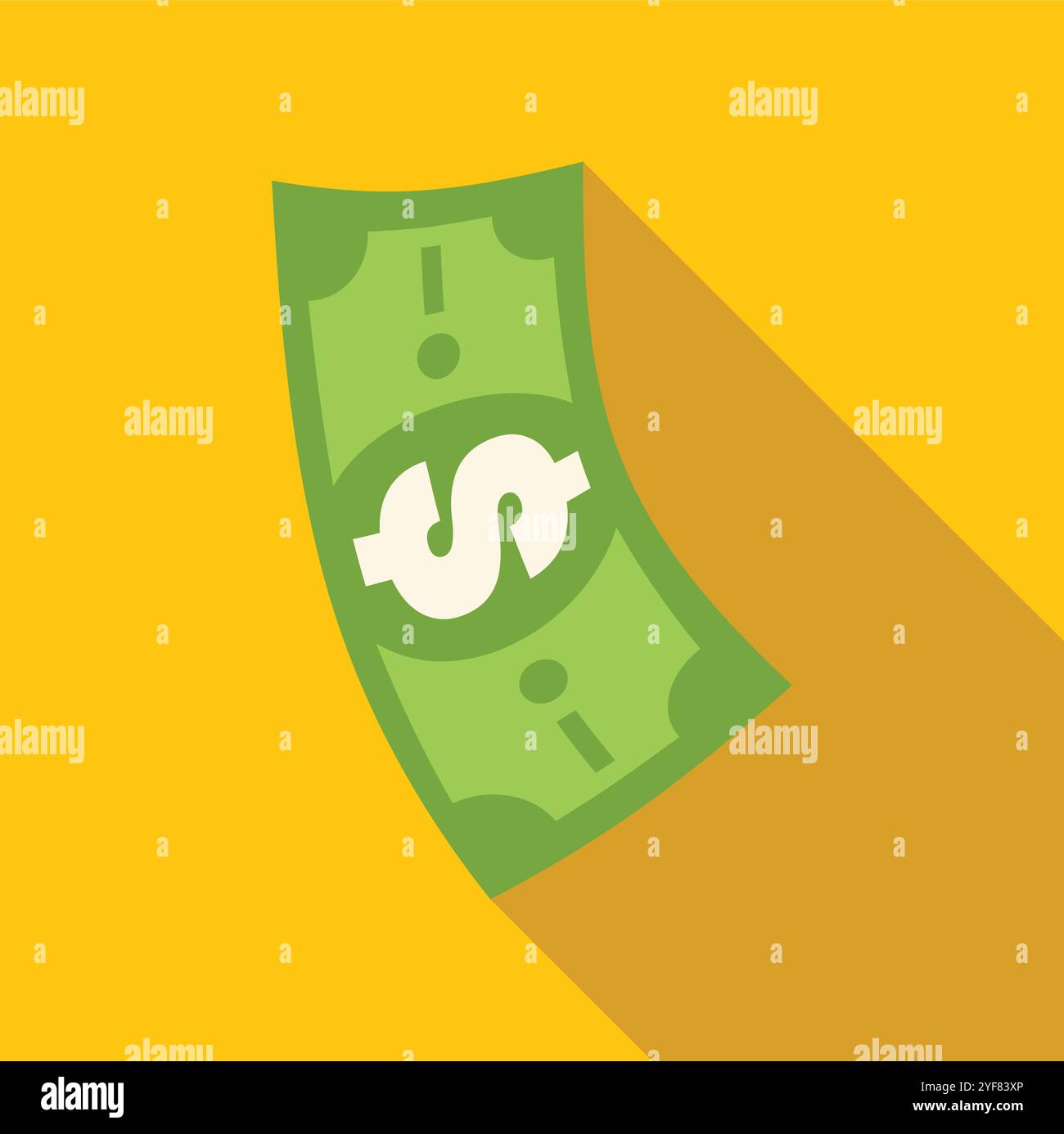 Green dollar bill falling on yellow background representing concepts ...