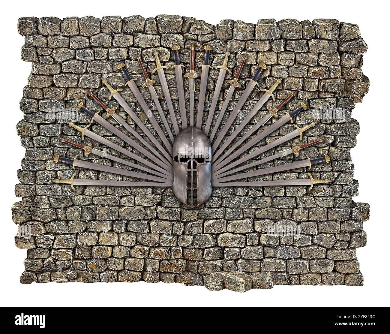 Helm and many swords hung on a Large stone castle or church wall Stock ...