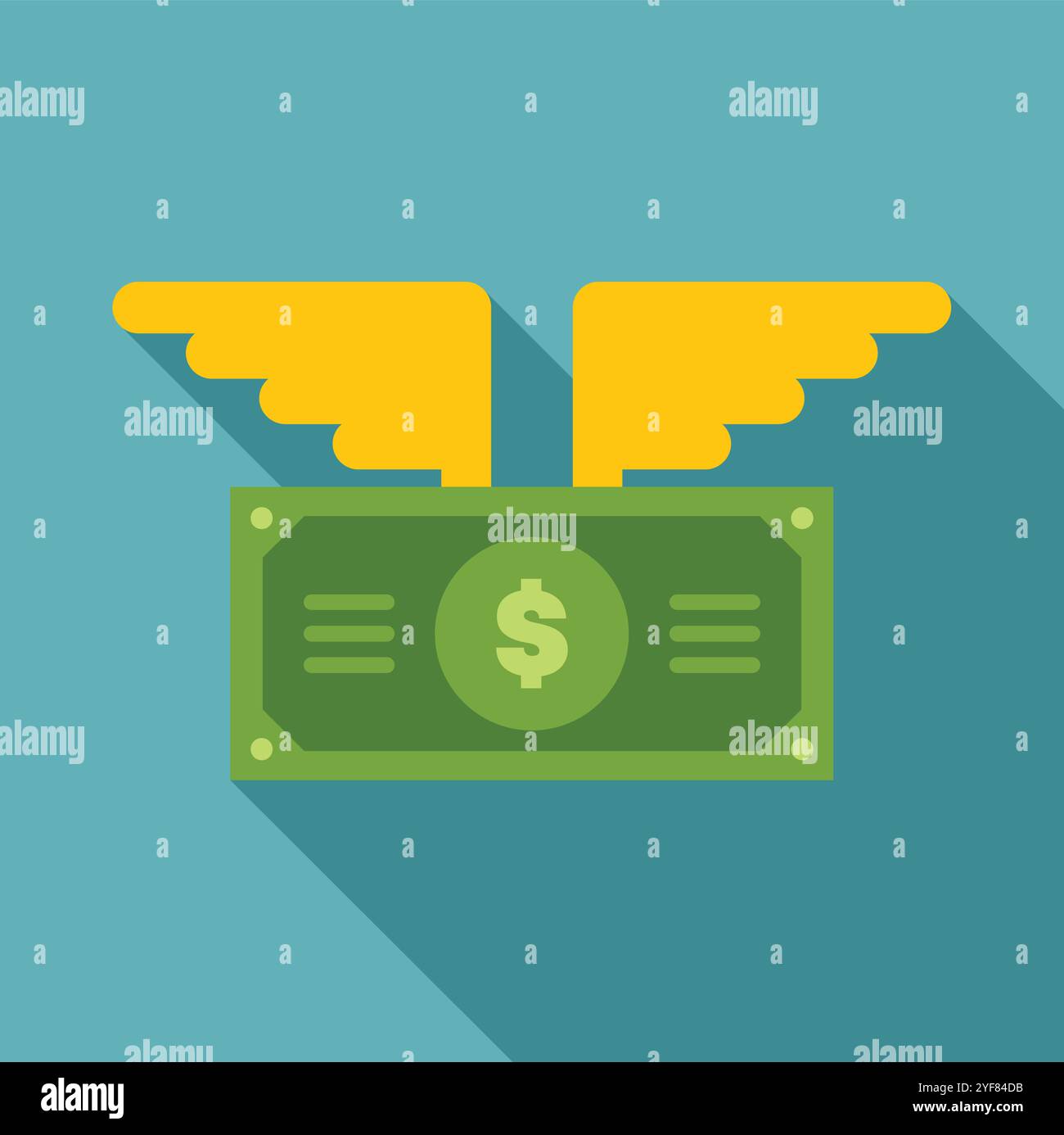 Green dollar banknote flying away with yellow wings, representing ...
