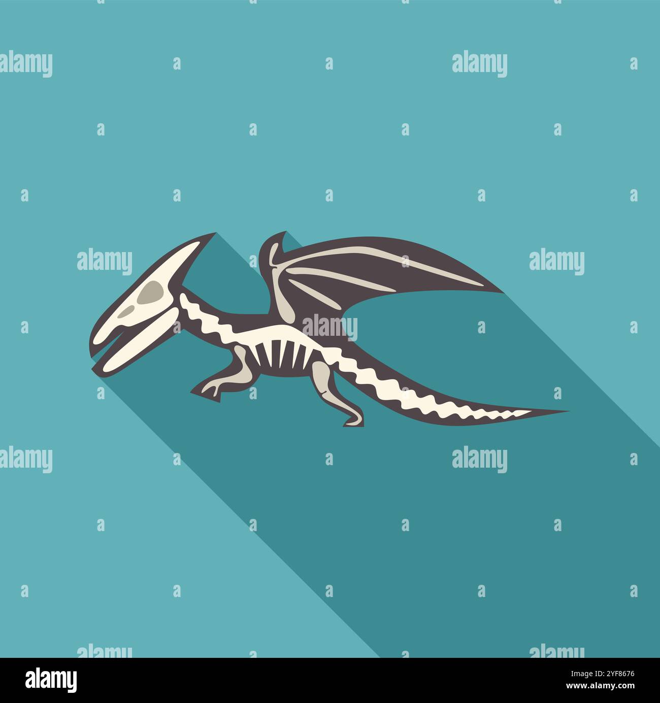 Skeleton of a pterodactyl dinosaur flying on a turquoise background ...