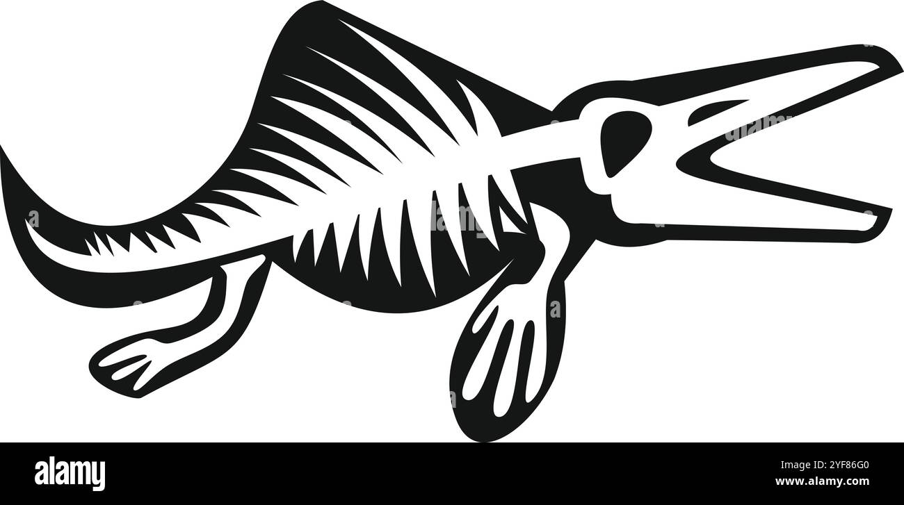 Plesiosaur skeleton with open mouth swimming underwater in black and ...