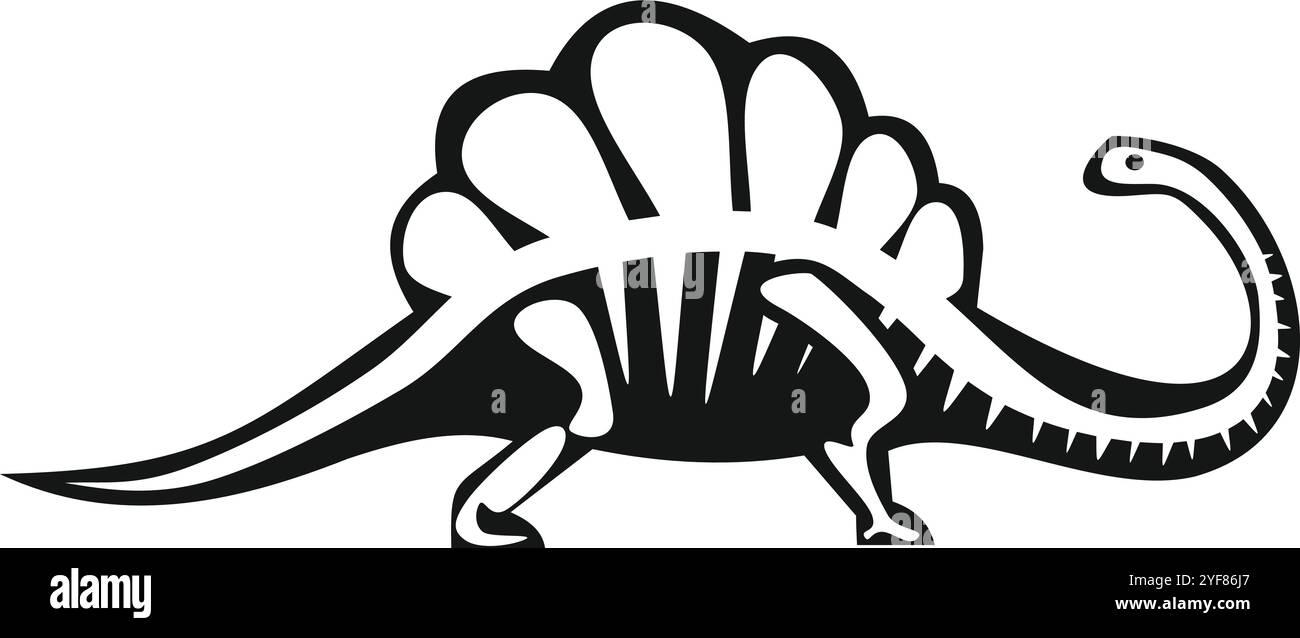 Side view of a spinosaurus dinosaur skeleton walking, depicted as a black and white silhouette ...