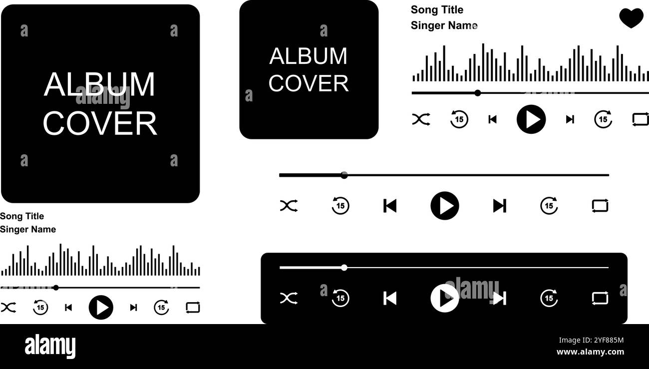 Music player screen with album cover window, buttons, progress loading bar and sound wave ...