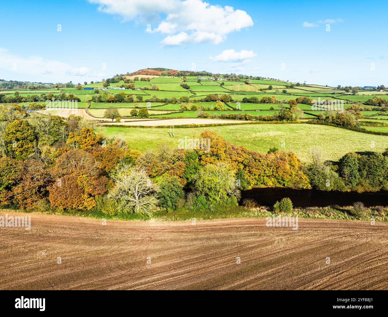 Fields and Farms over River Usk from a drone, Brecon, Brecon Beacons ...