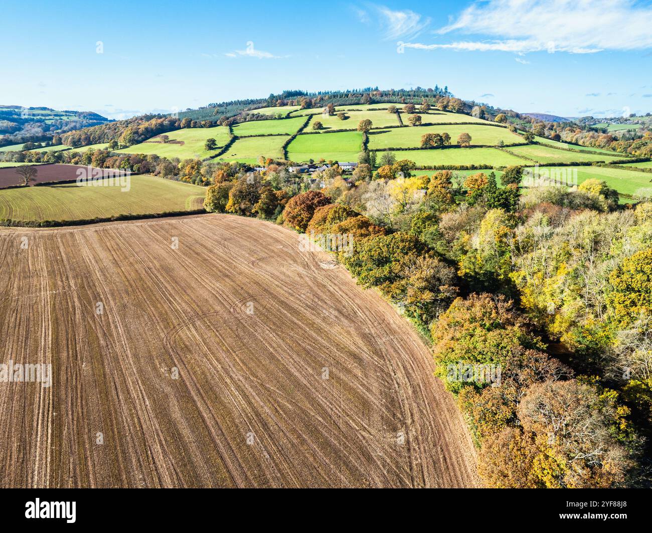 Fields and Farms over River Usk from a drone, Brecon, Brecon Beacons ...