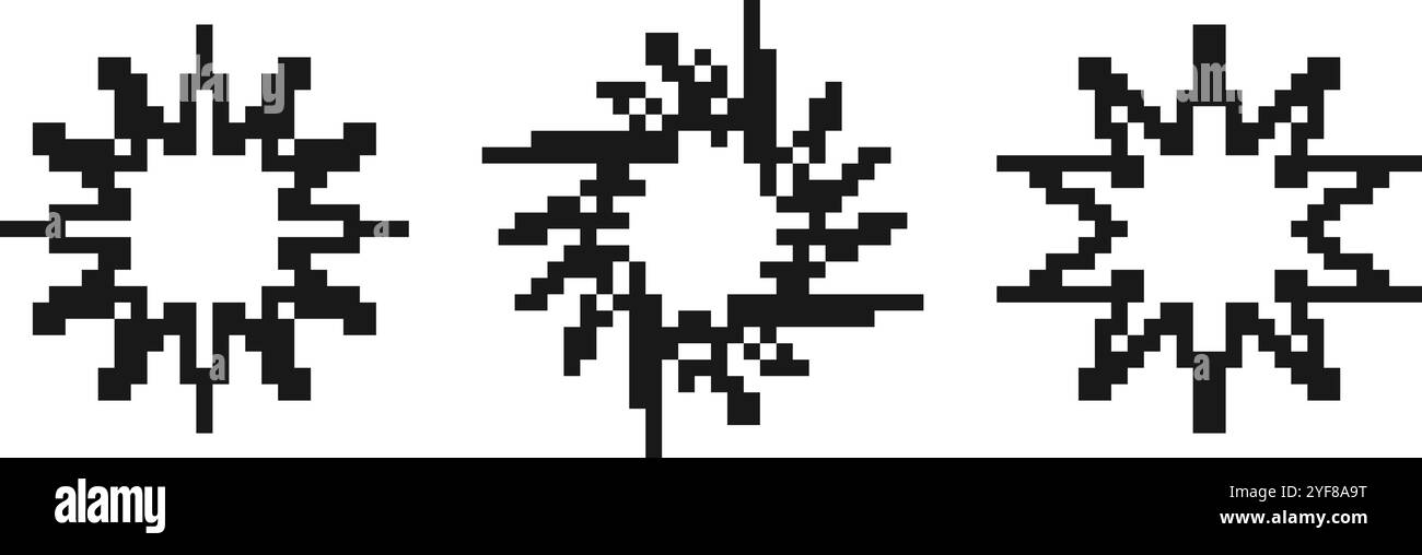 Pixelated stars and snowflakes element set. Black 8-bit pixel art ...