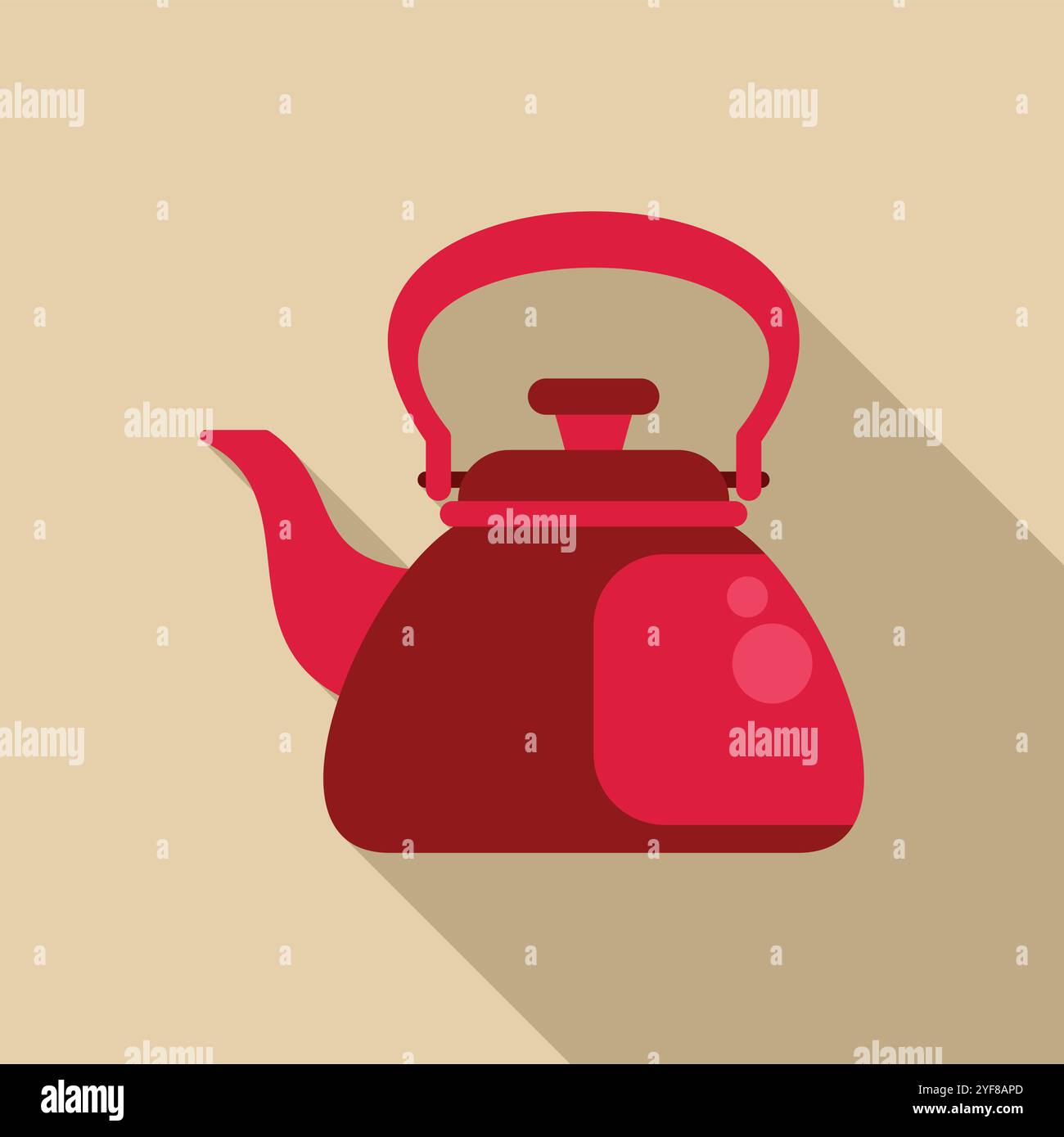 Red kettle with handle and spout is waiting for boiling water on beige ...