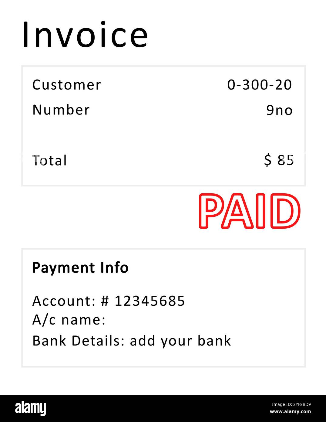 Bill with information and red stamp Paid Stock Photo - Alamy