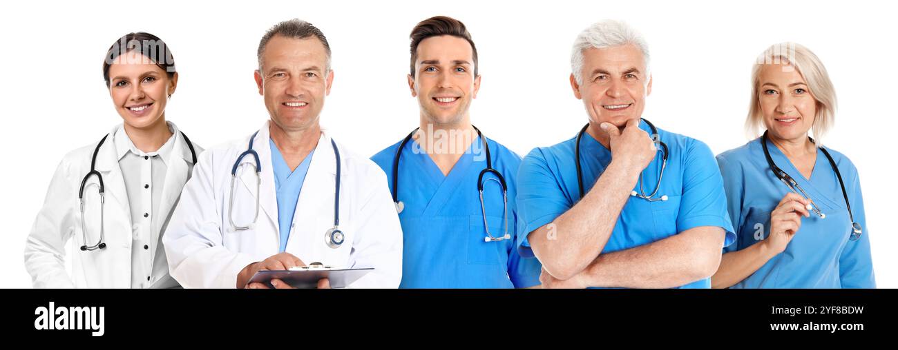 Different healthcare workers in uniforms on white background Stock ...