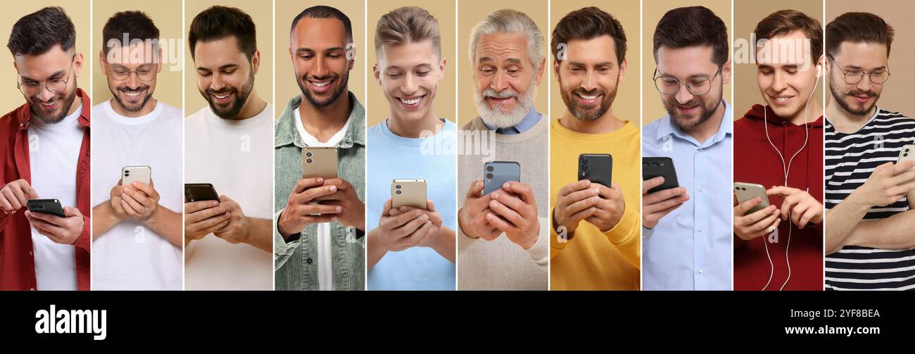 Different men with mobile phones on color background, collage. Modern ...