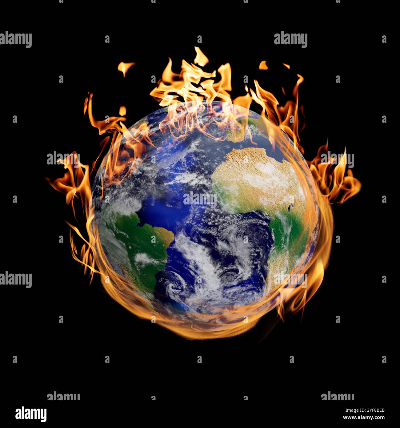 Planet Earth on fire against black background. Conceptual image for ...