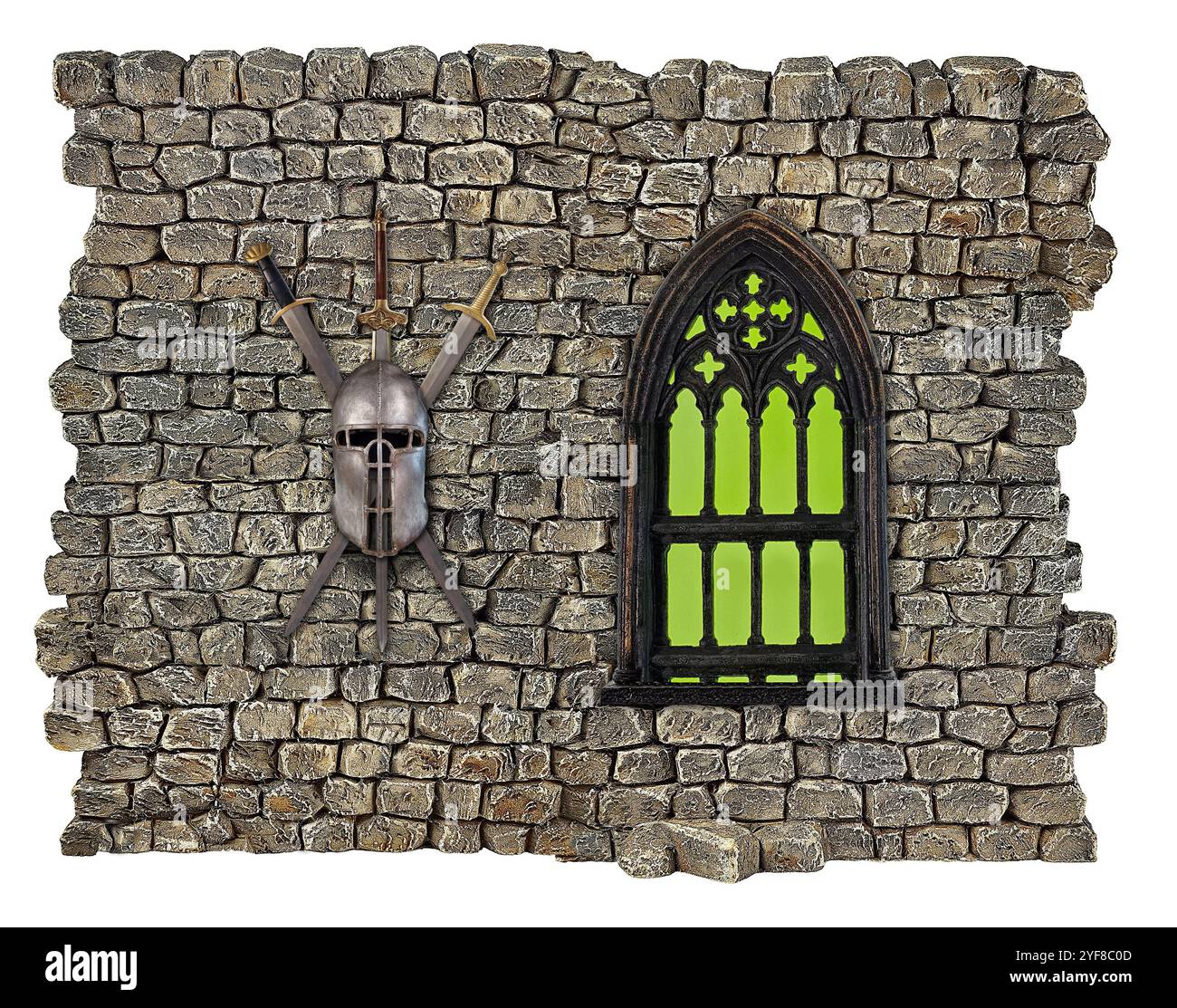 Green stained glass gothic window on a castle or church wall with helm ...