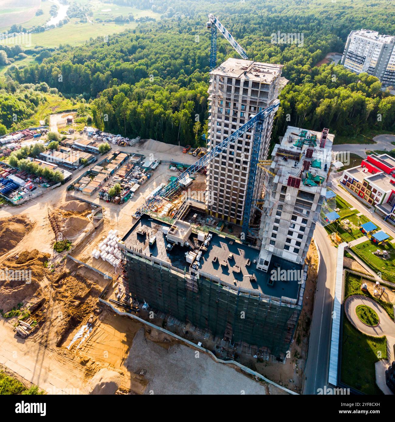 Aerial view of multi-story residential buildings under construction ...