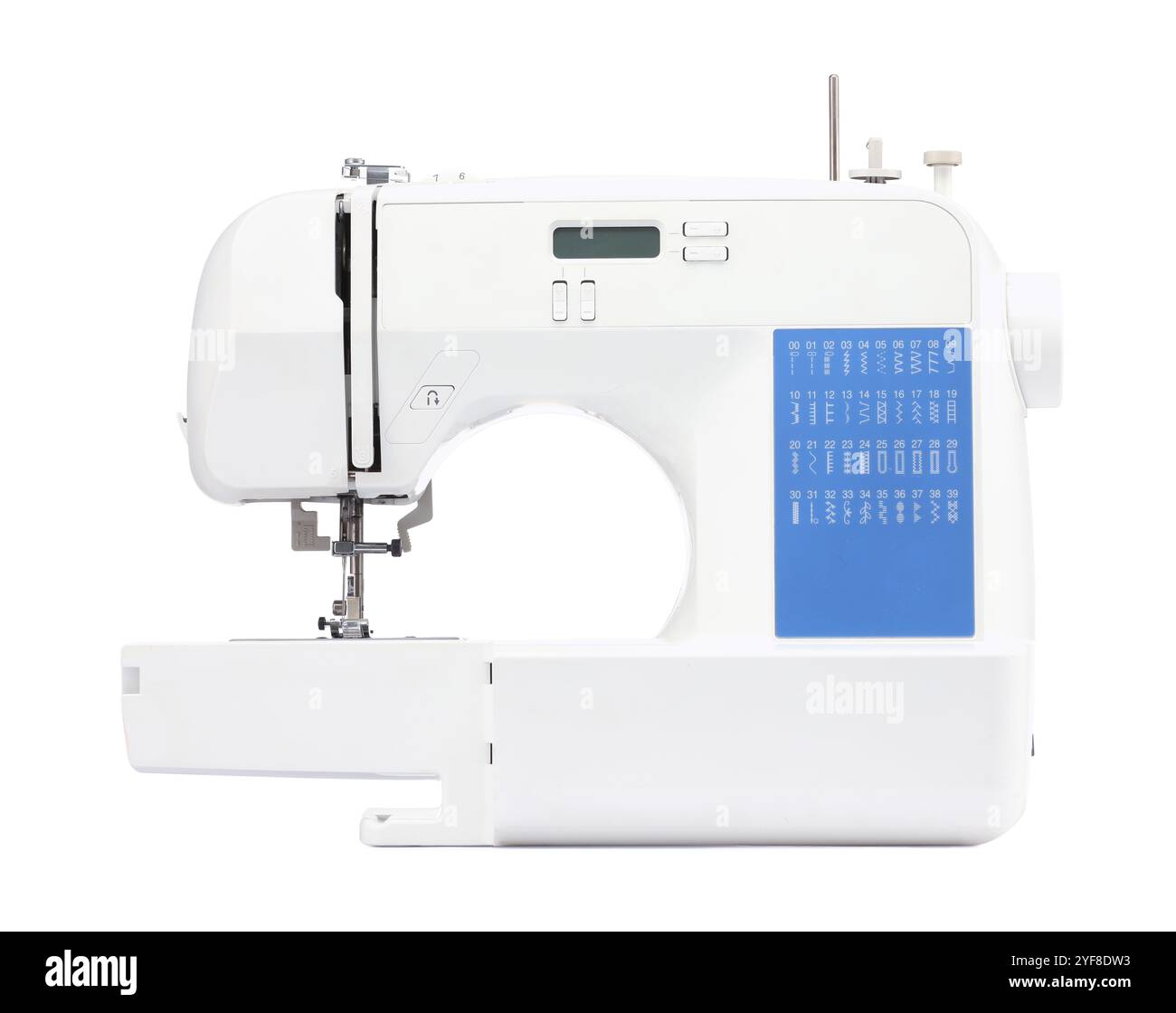 One modern sewing machine isolated on white Stock Photo - Alamy