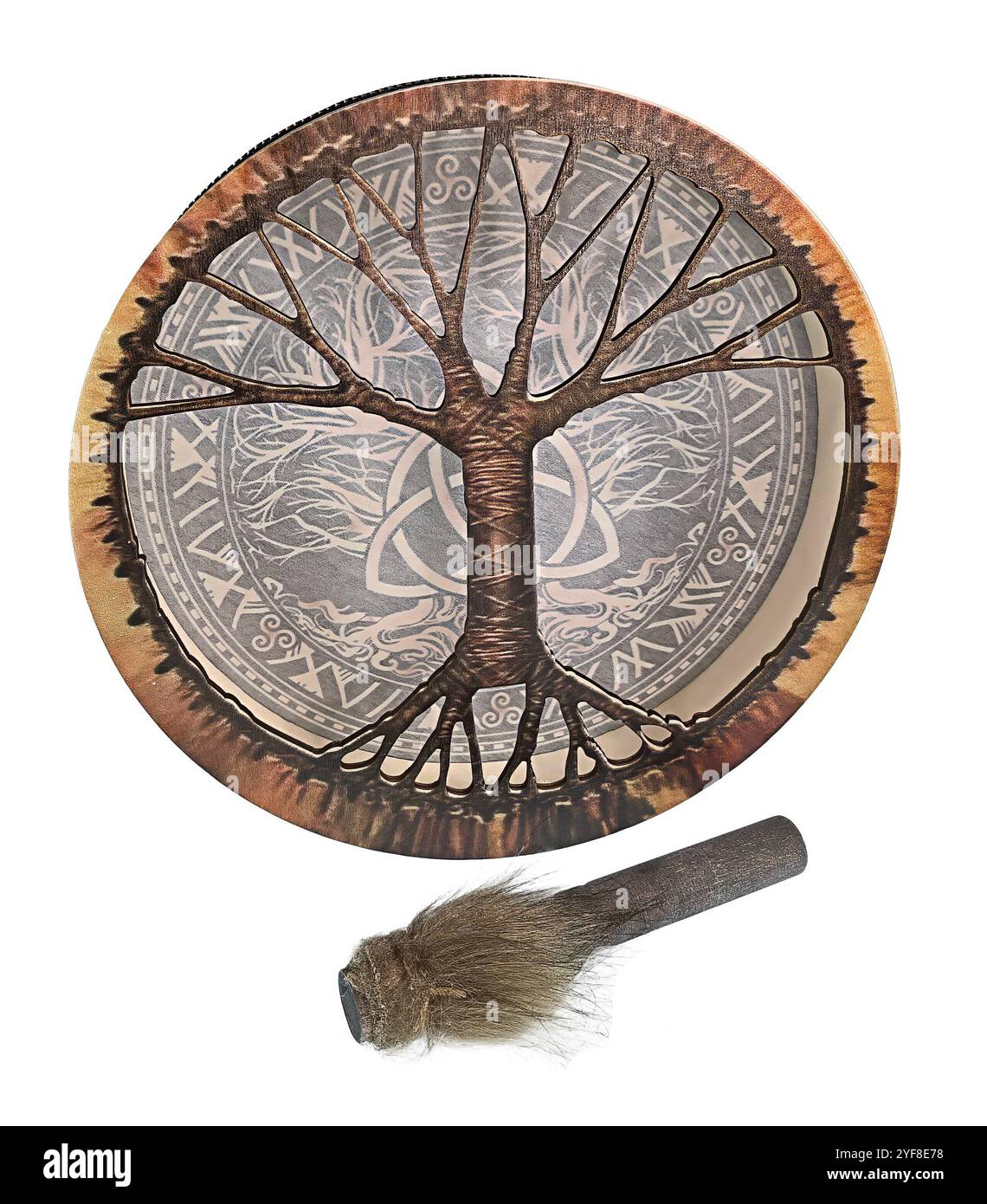 Old Bodhran drum back with tree of life musical instrument with fur ...