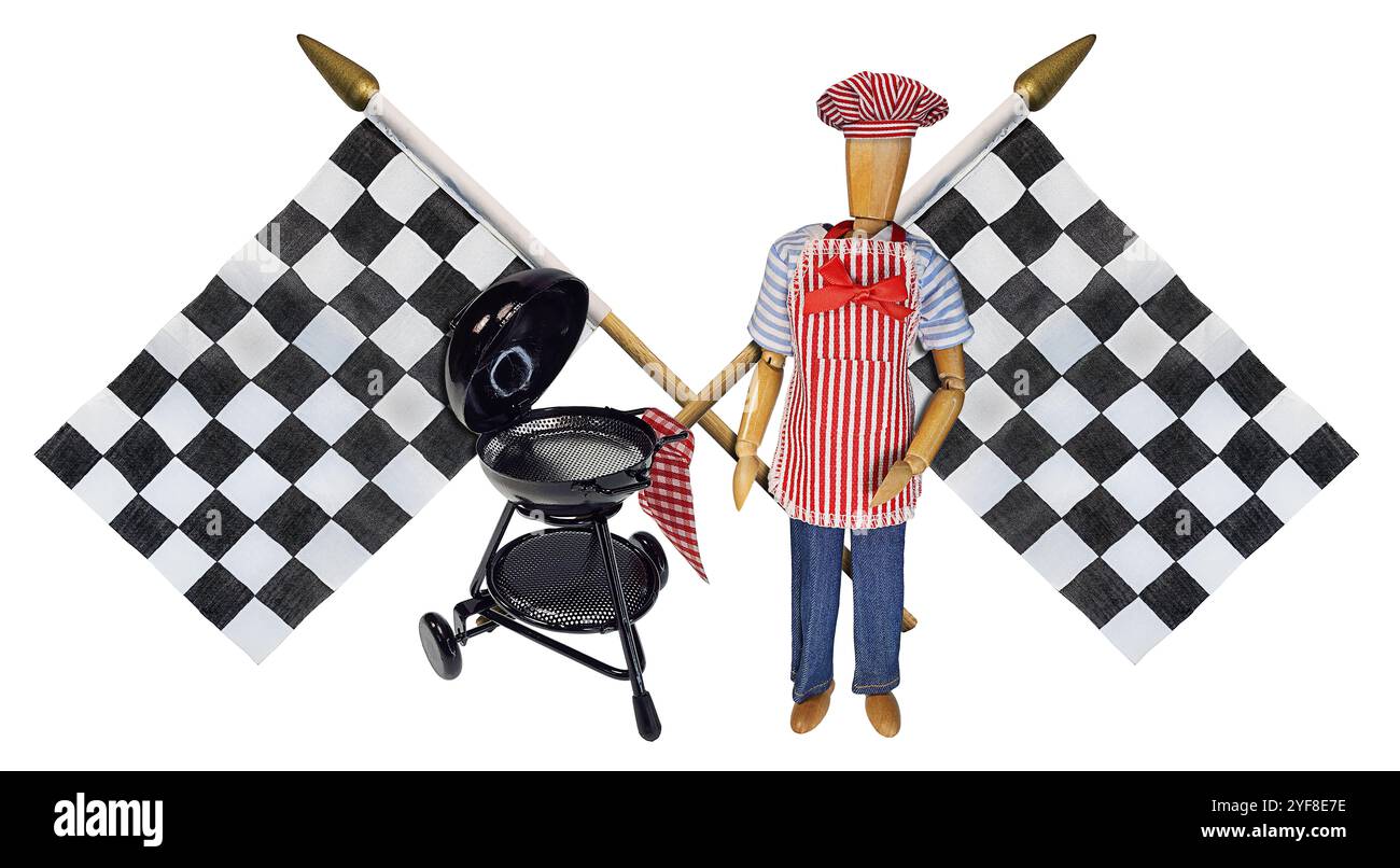 Black and white checkered flags with barbeque grill and chef to show ...