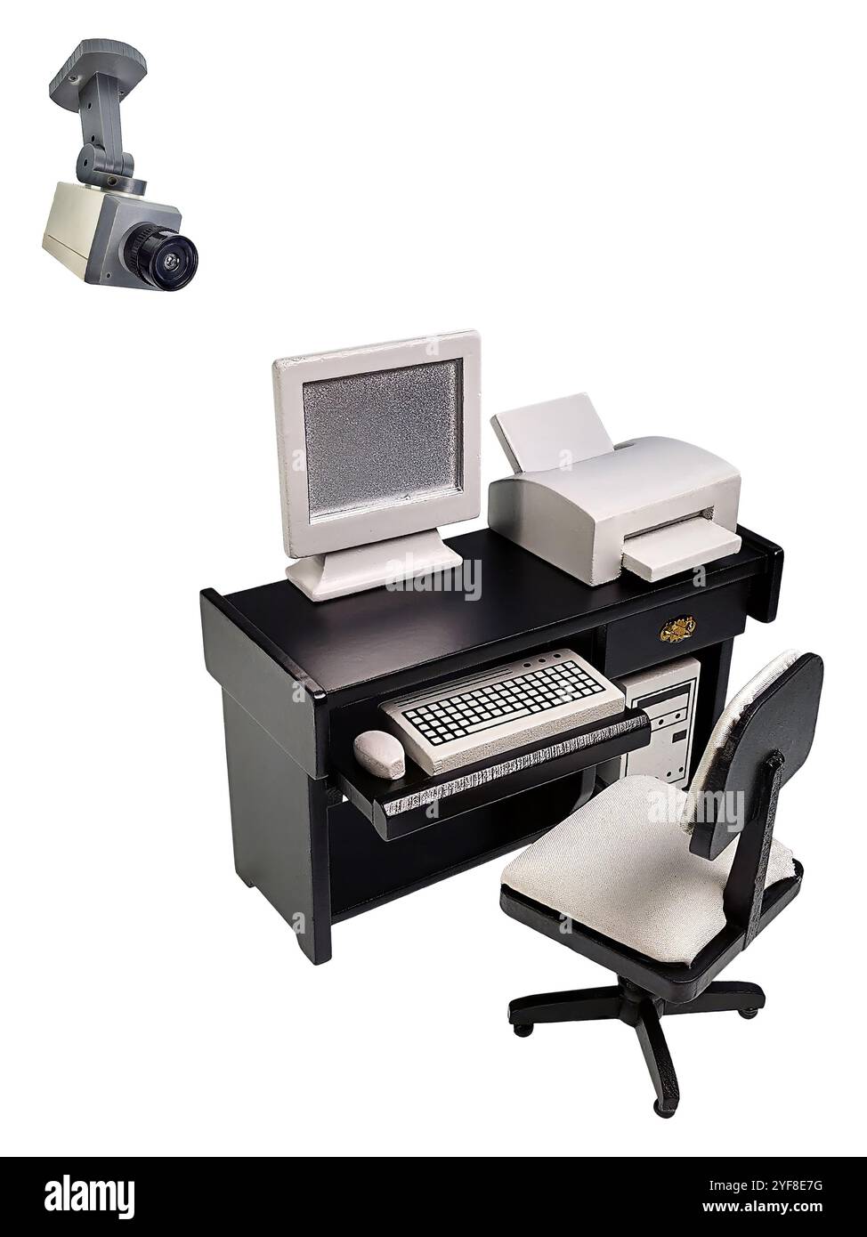 Wooden Office Desk with drawers with a computer and a printer with a ...