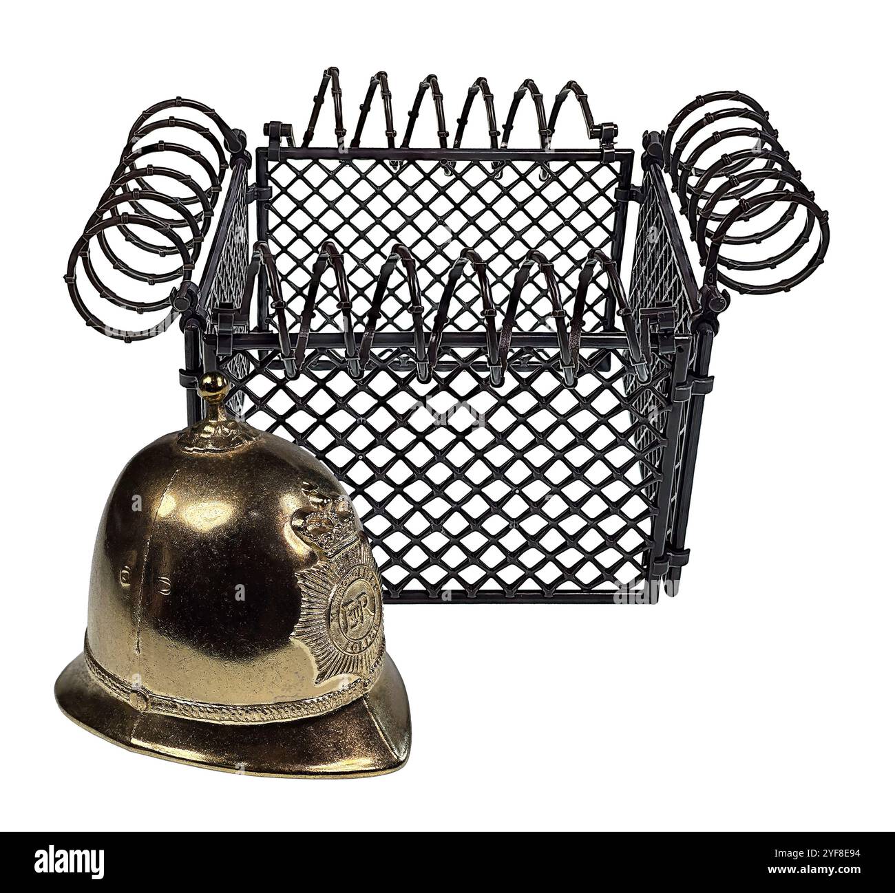 Police British Helmet and Prison yard surrounded by barbed wire Stock ...