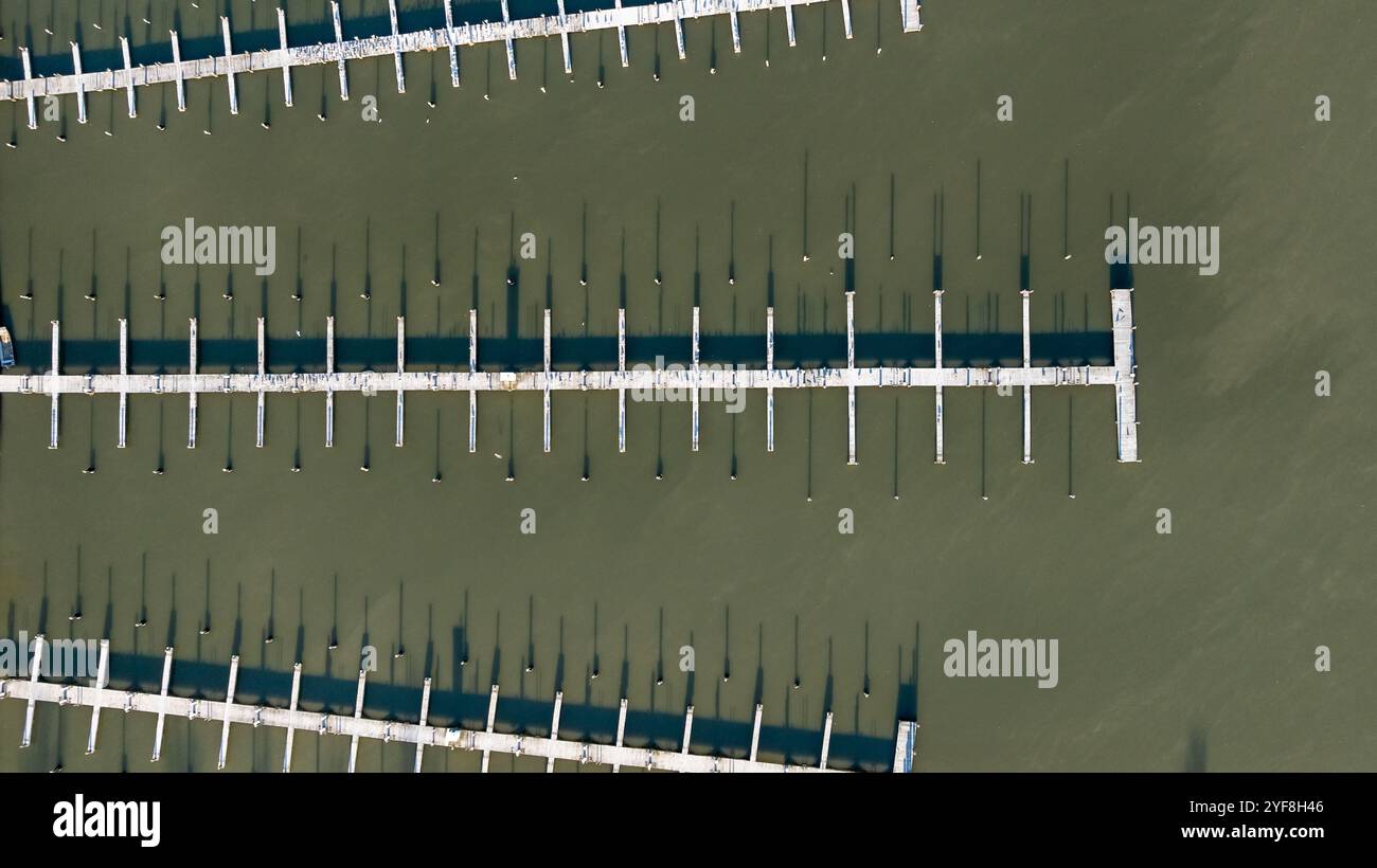 Autumn aerial photo of empty marina, docks at Allan H Treman State ...