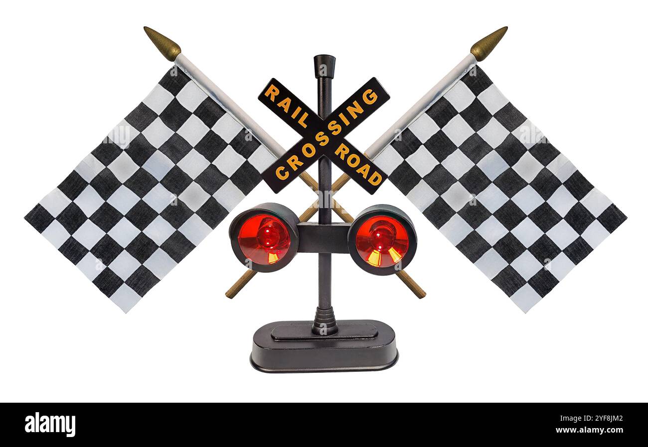Black and white checkered flags and a railroad crossing light to show ...