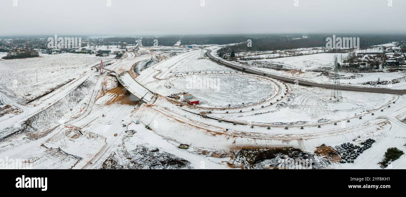 Aerial view of Road construction of Kekava Bypass, a new section of A7 ...